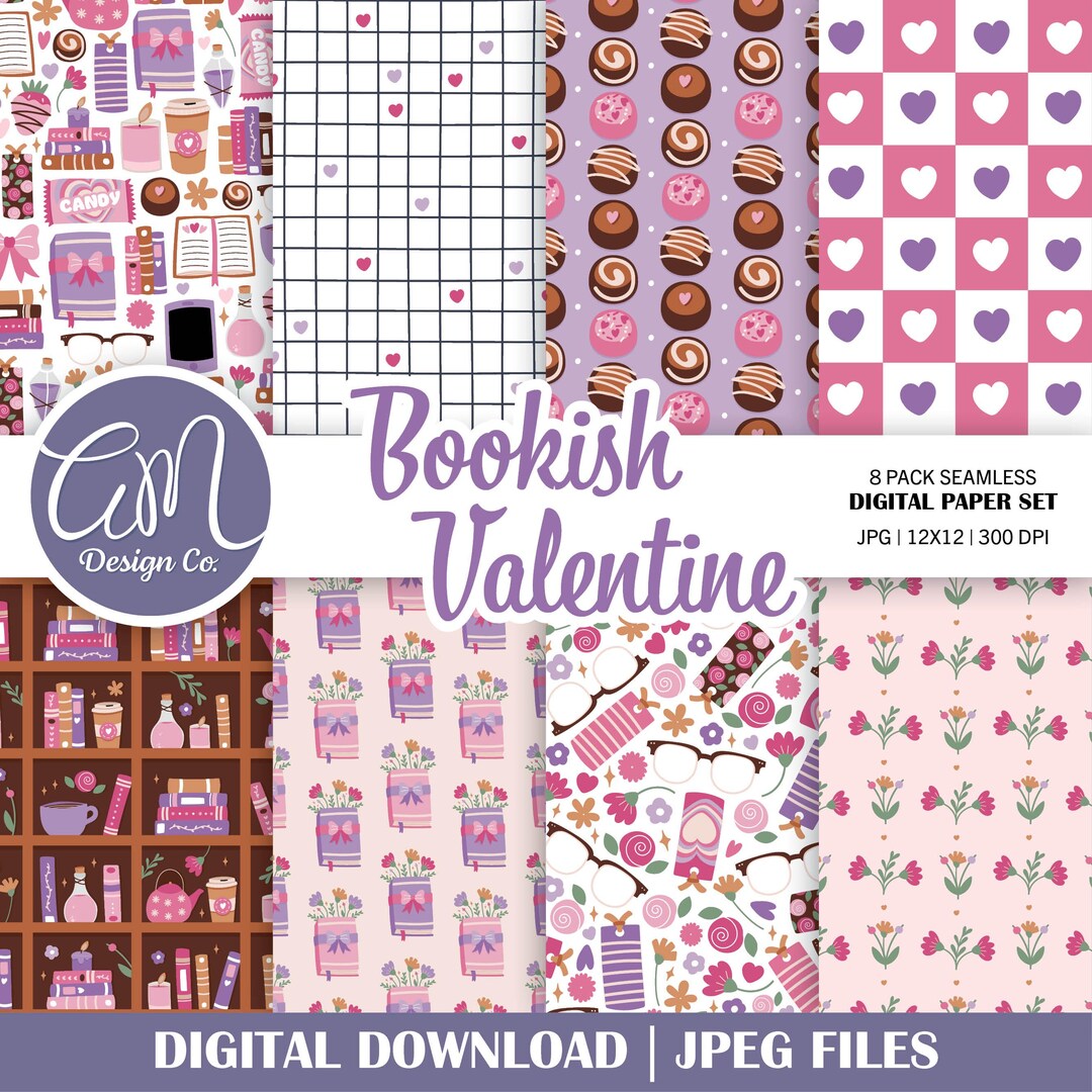 Hand Drawn Bookish Valentine Digital Paper, Pastel Light Academia ...