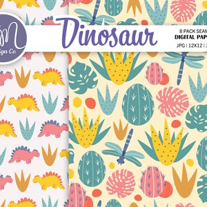 Dinosaur Digital Paper and Clipart Set, Prehistoric Seamless Pattern ...