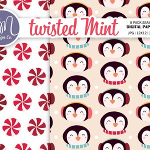 Peppermint Christmas Digital Paper, Winter Penguin Seamless Pattern ...
