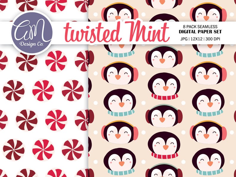 Peppermint Christmas Digital Paper, Winter Penguin Seamless Pattern ...