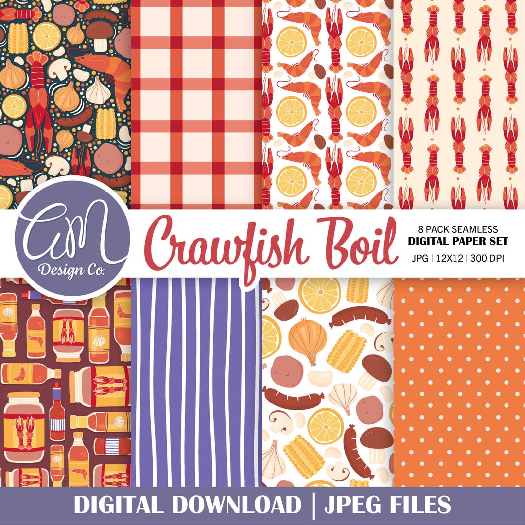Crawfish Boil Digital Paper, Seafood and Shrimp Seamless Pattern ...