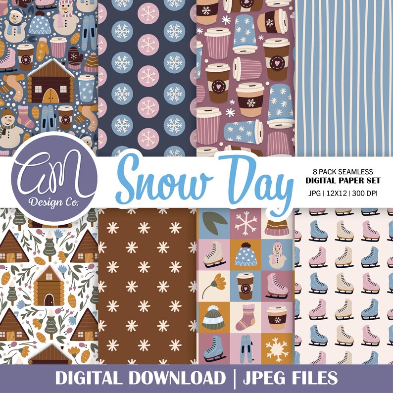 Snow Day Digital Paper, Winter Holiday Seamless Pattern, Outdoor Cabin ...