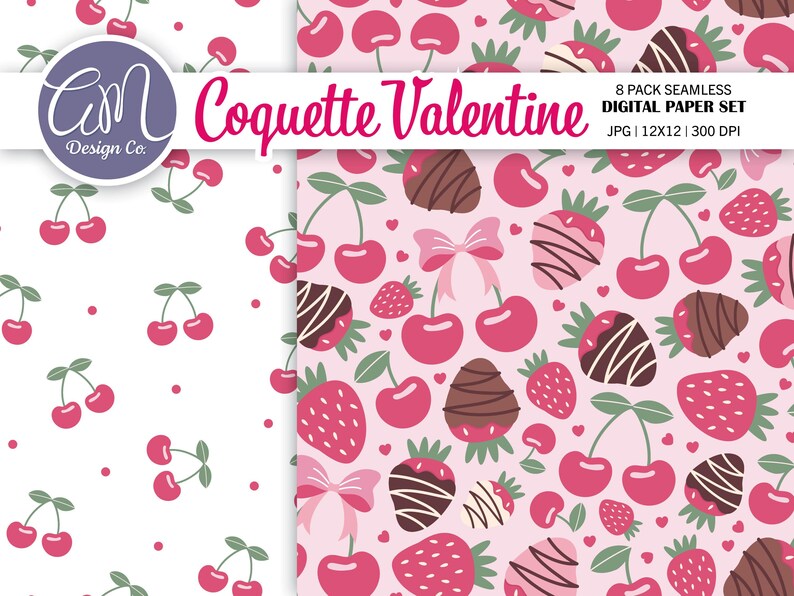 Coquette Valentine Digital Paper, Cherry and Strawberry Seamless ...