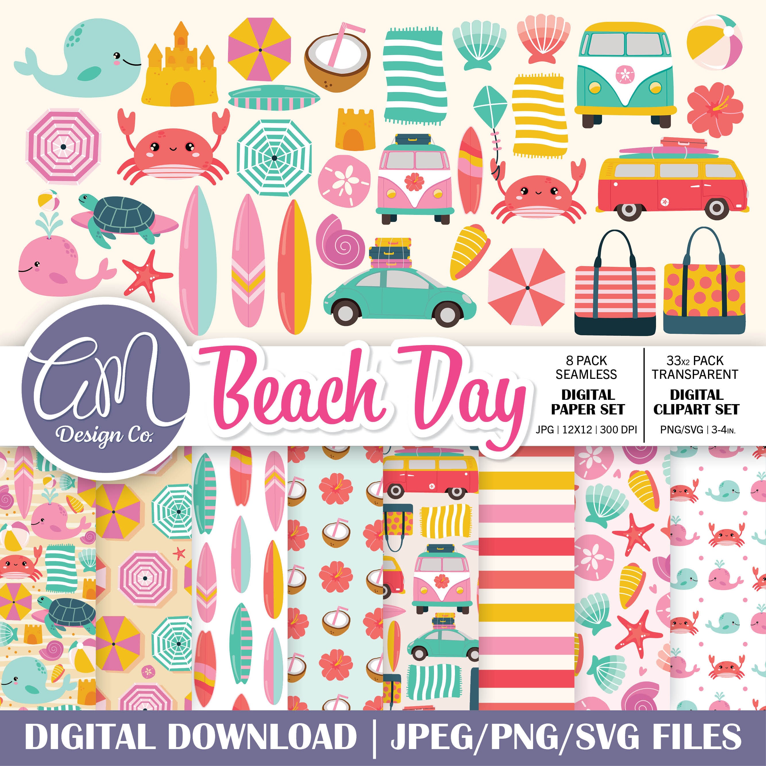 Beach Vacation Digital Paper and Clipart Set, Travel Seamless Pattern ...
