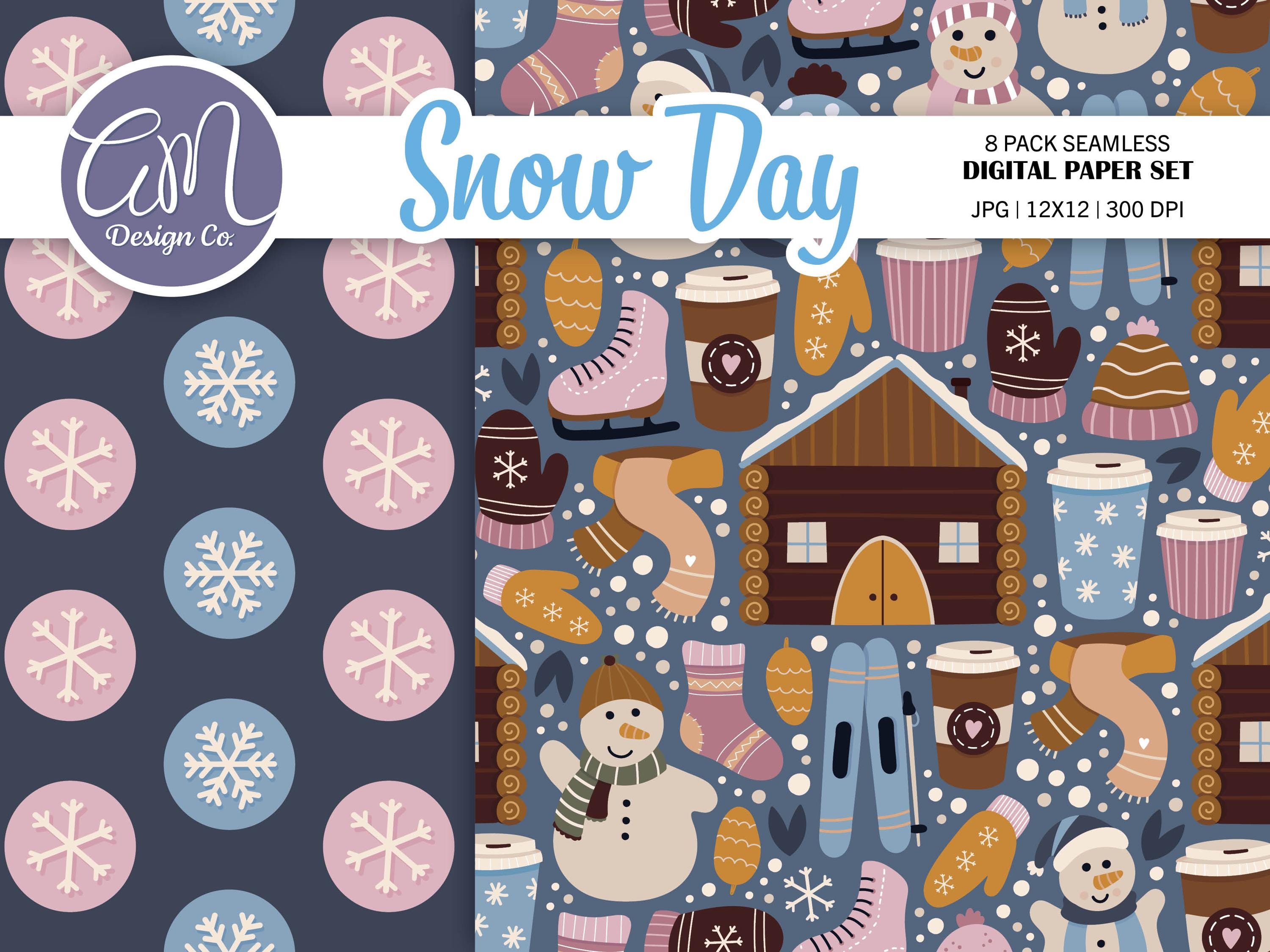 Snow Day Digital Paper and Clipart Set, Winter Holiday Seamless Pattern ...