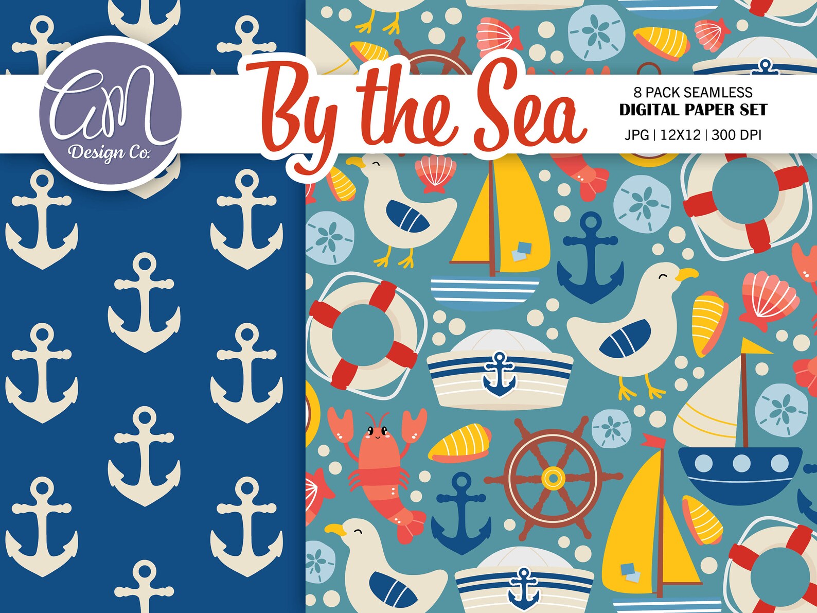 Nautical Summer Digital Paper and Clipart Set, Marine Seamless Pattern ...