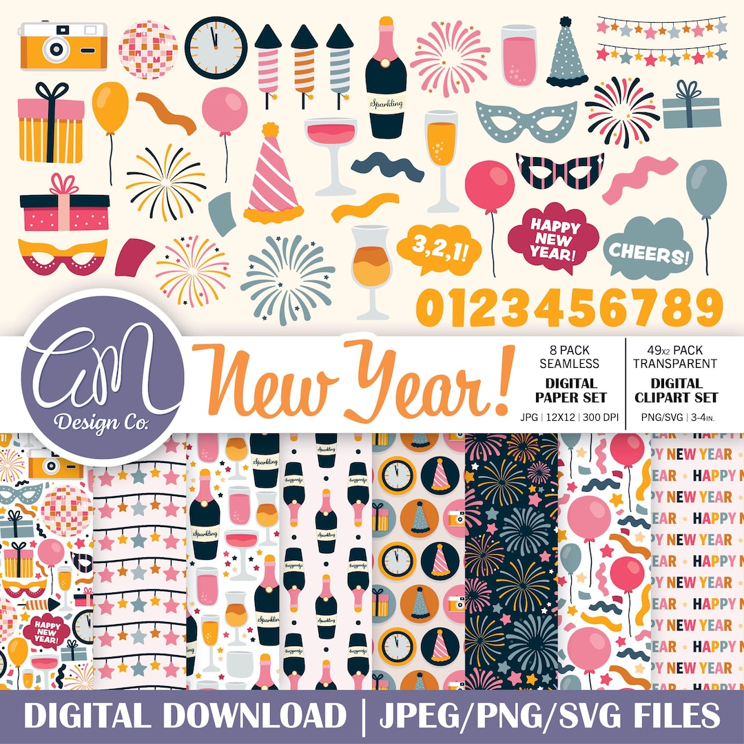 New Year Digital Paper and Clipart Set, New Years Eve Holiday Party ...