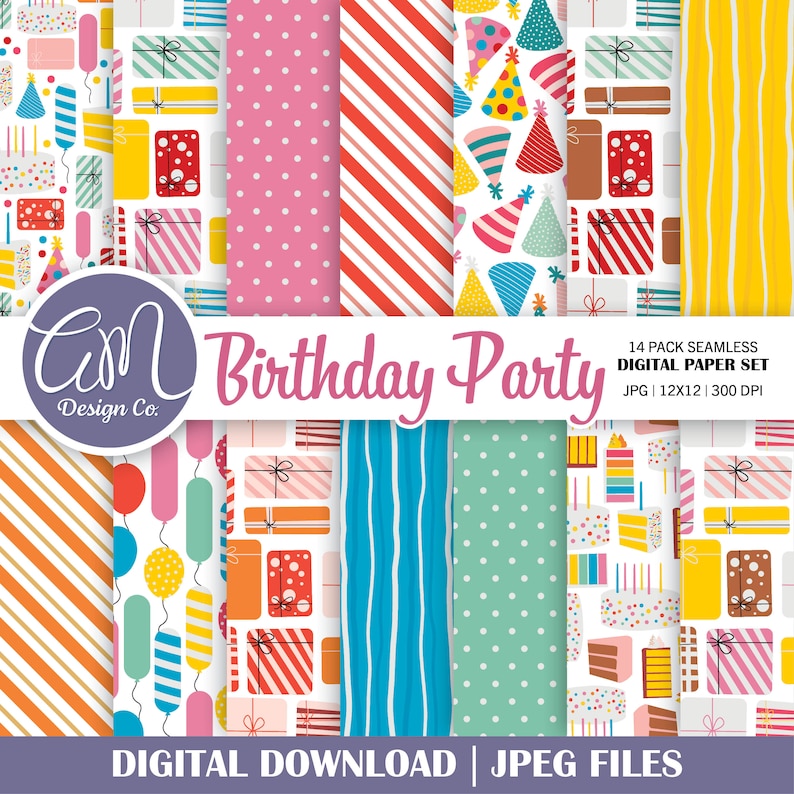 Birthday Party Digital Paper, Celebration Seamless Pattern for ...