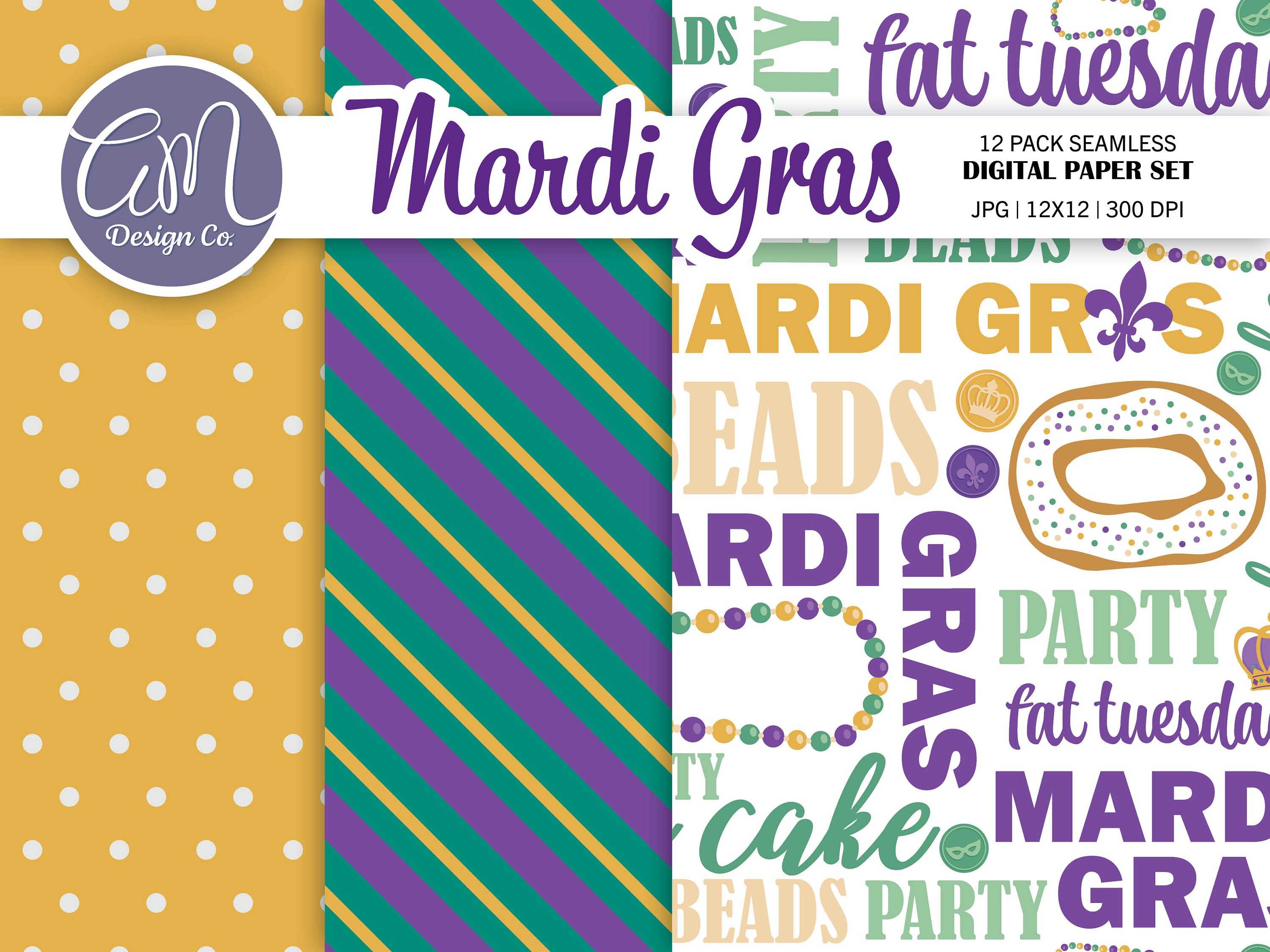 Mardi Gras Digital Paper and Clipart Set, Louisiana Fat Tuesday Clipart ...