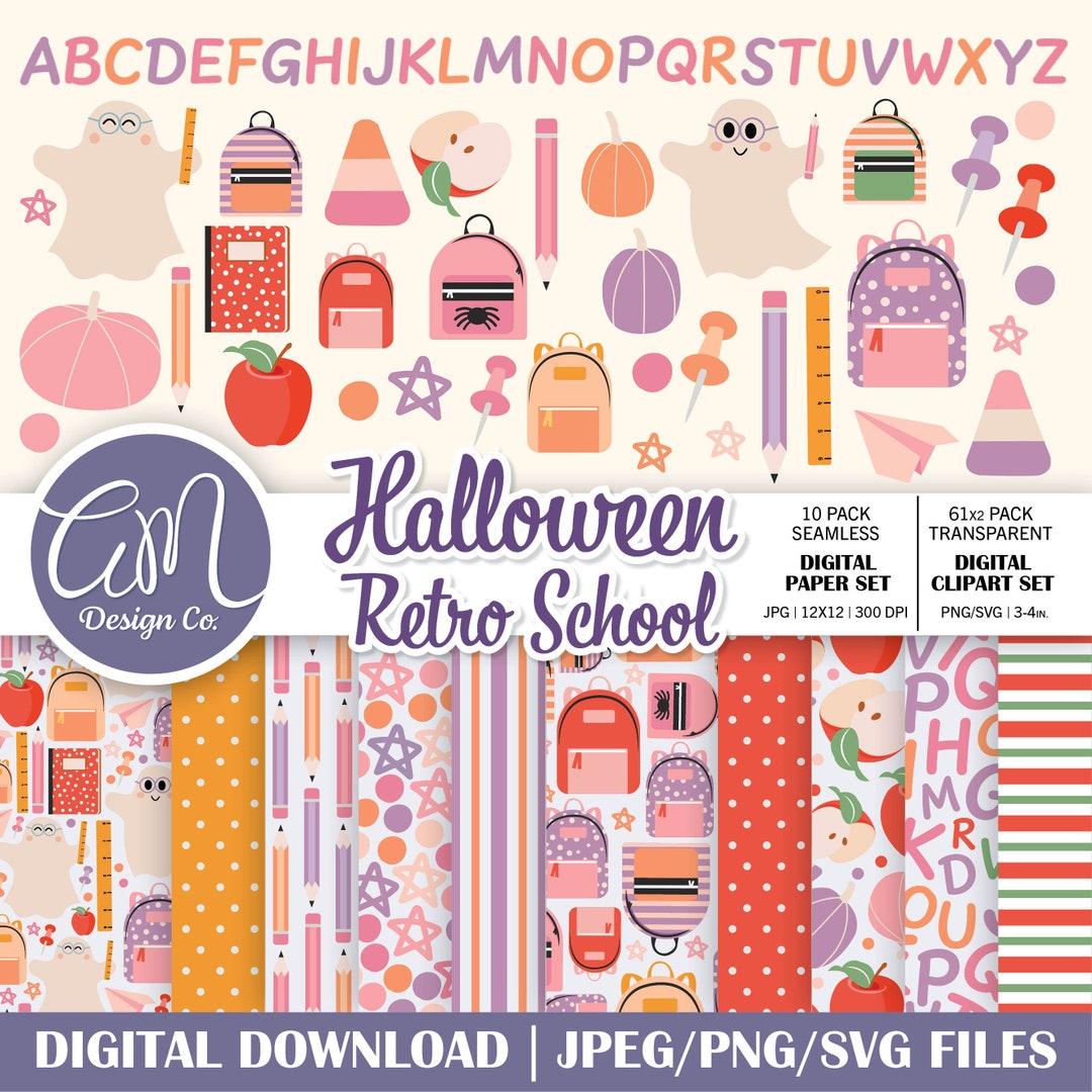 Back to School Digital Paper, Halloween Teacher Clipart, Retro Seamless ...
