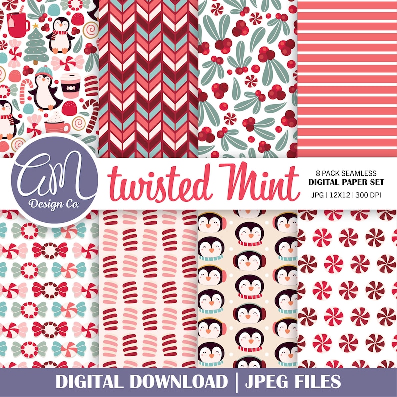 Peppermint Christmas Digital Paper, Winter Penguin Seamless Pattern ...