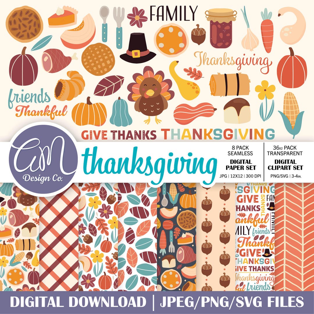 Thanksgiving Digital Paper and Clipart Set, Fall or Autumn Seamless ...