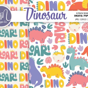 Dinosaur Digital Paper and Clipart Set, Prehistoric Seamless Pattern ...