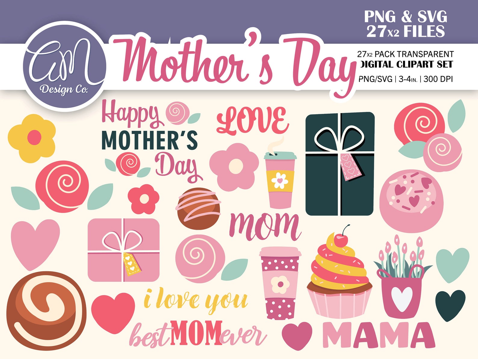 Mother’s Day Digital Paper and Clipart Set, Seamless Pattern for Mom or ...