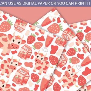 Strawberry Cow Seamless Pattern, Strawberry Digital Paper, Cottage Core ...