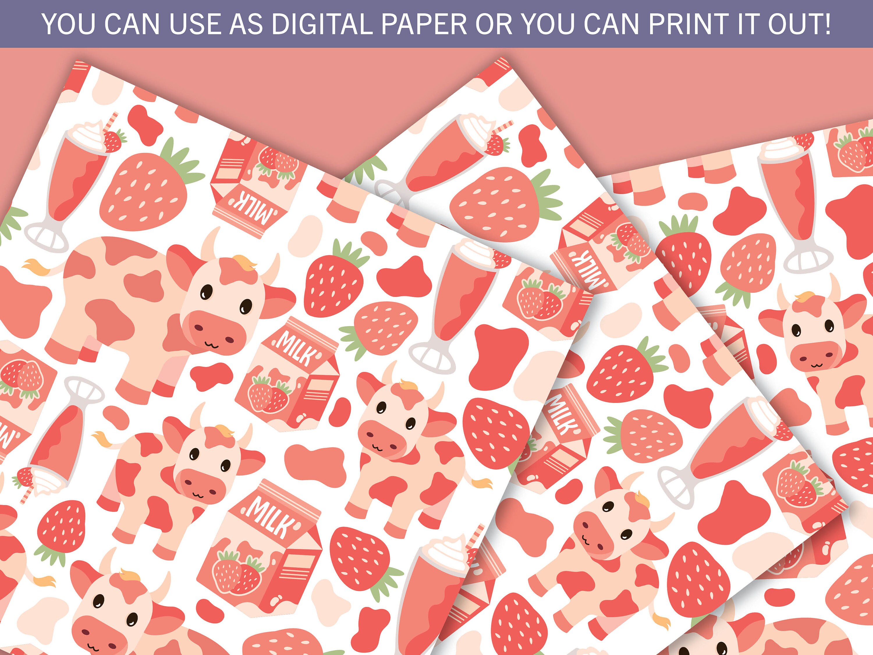 Strawberry Cow Seamless Pattern, Strawberry Digital Paper, Cottage Core ...