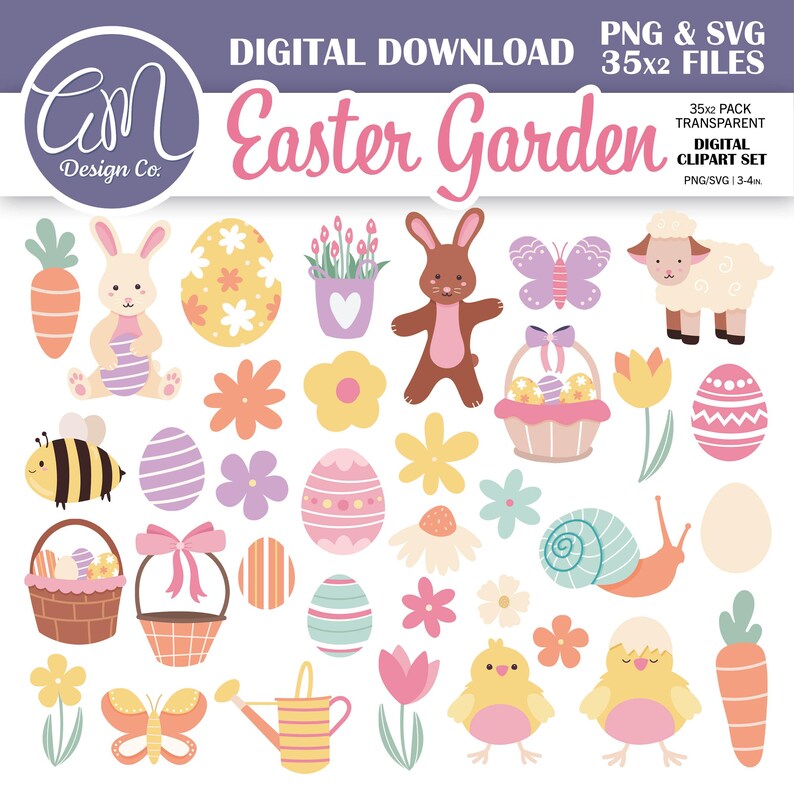 Easter Clipart Bundle, Spring Garden Clipart for Holiday Card, Pastel ...