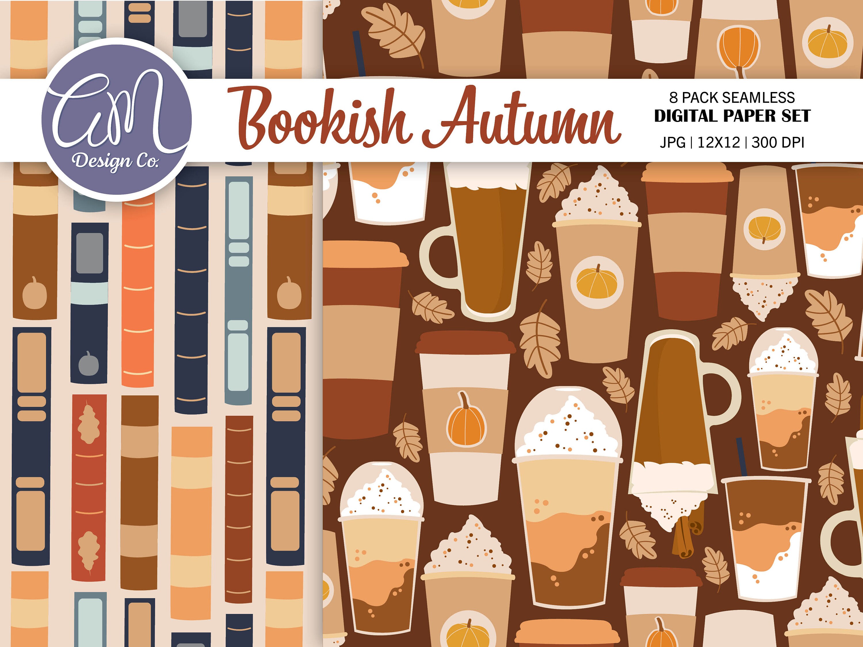 Bookish Light Academia Digital Paper, Fall Seamless Pattern, Book Lover ...