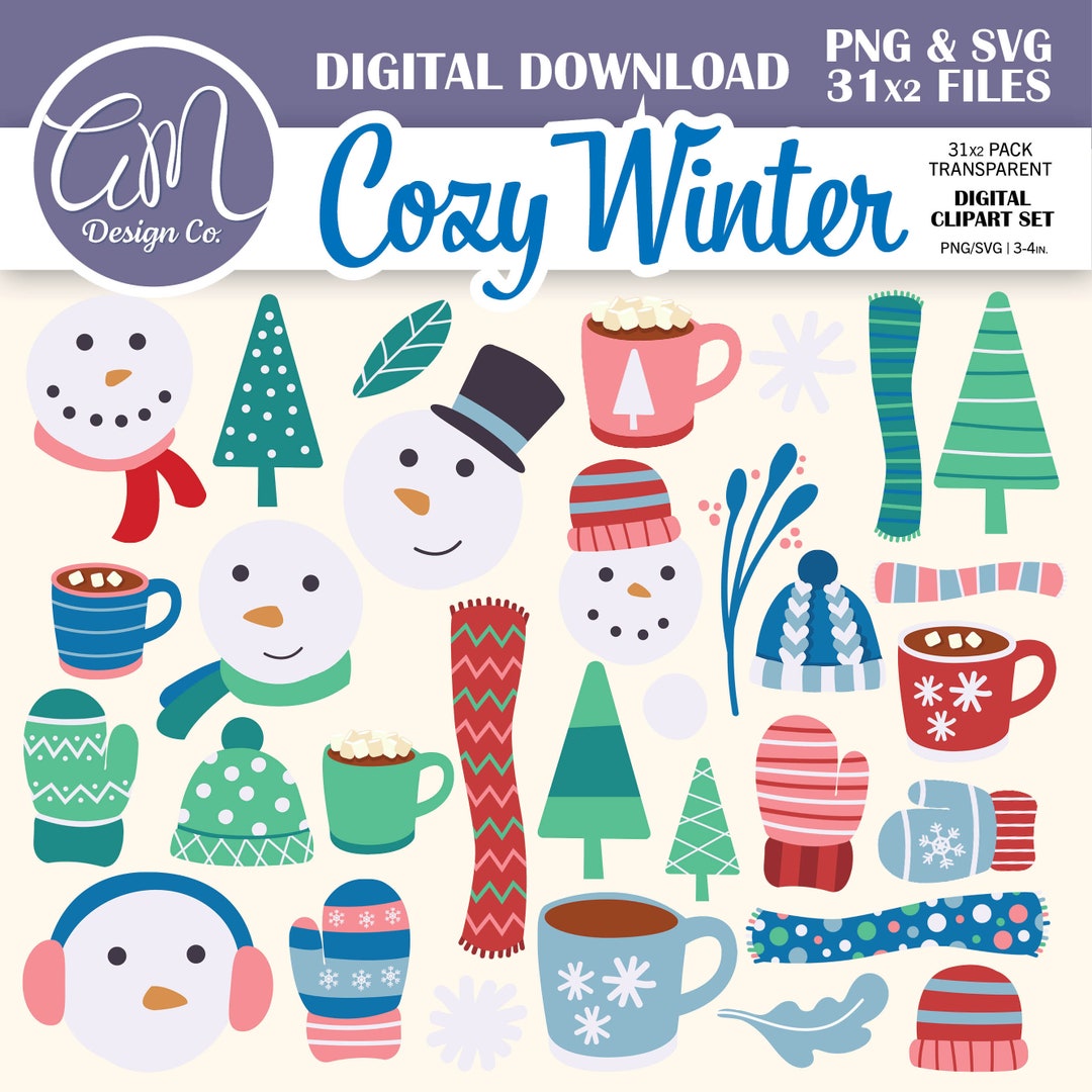 Winter Snowman Clipart Bundle, Christmas Clipart, Snowflake, Hot Cocoa ...
