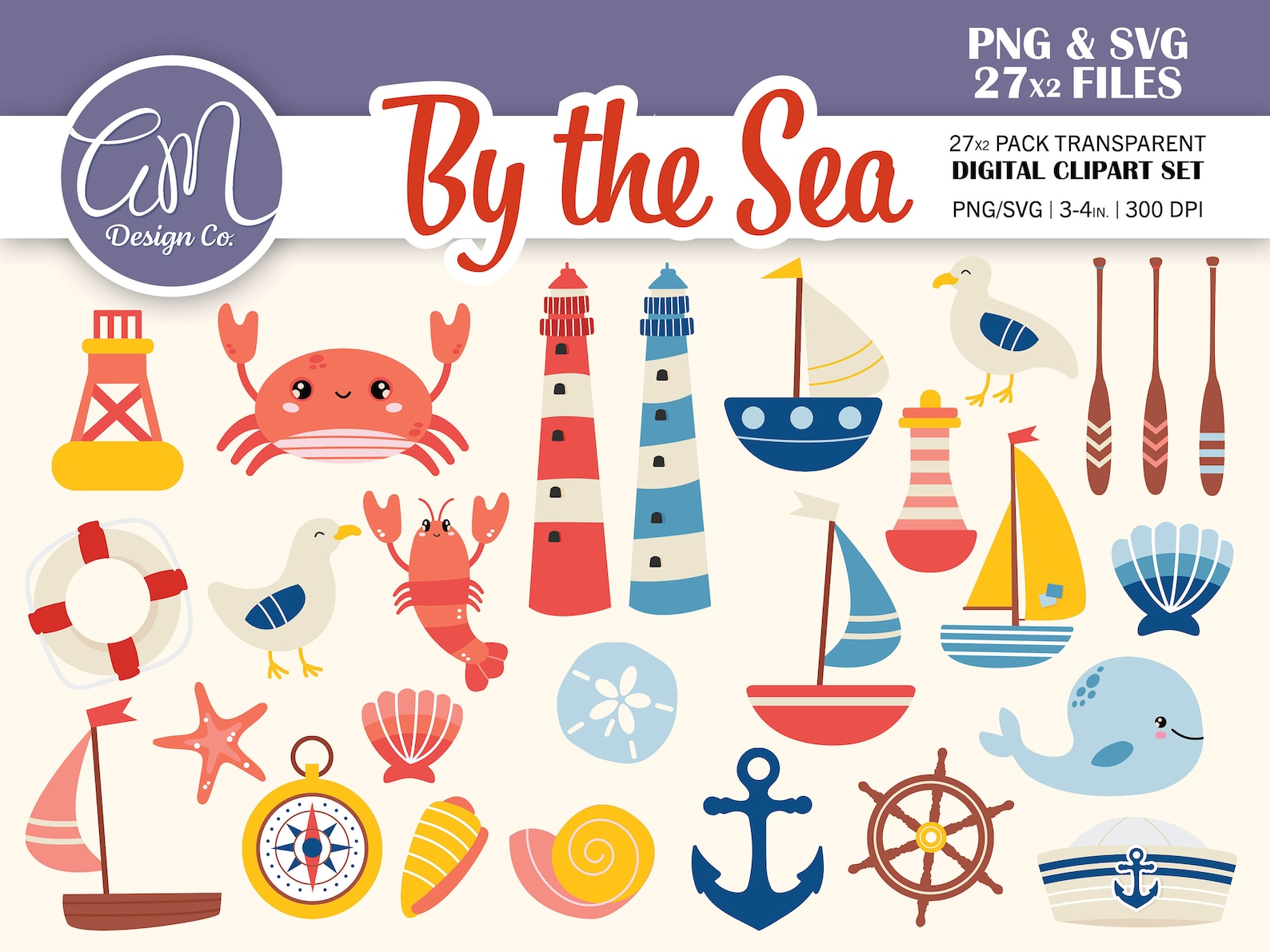 Nautical Summer Digital Paper and Clipart Set, Marine Seamless Pattern ...