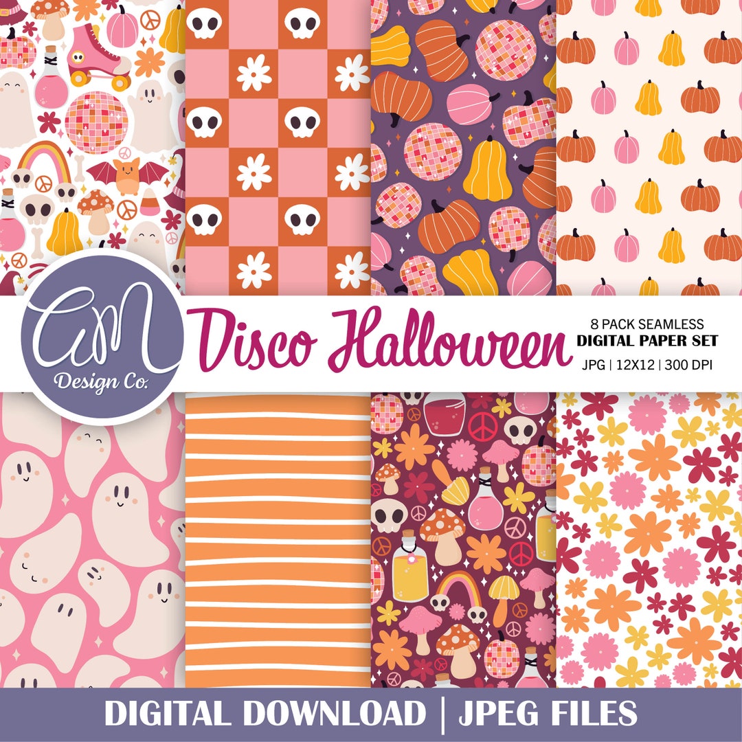 Disco Halloween Digital Paper, Spooky and Groovy Seamless Pattern ...