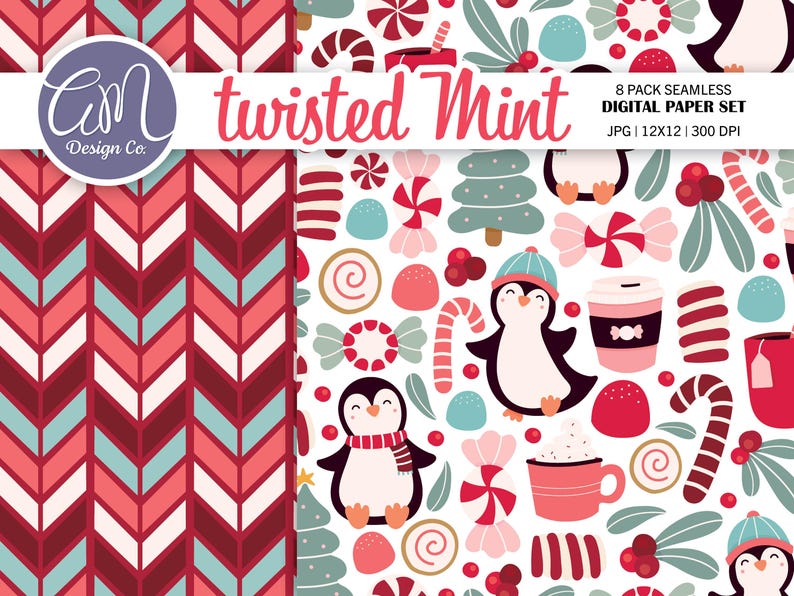 Peppermint Christmas Digital Paper, Winter Penguin Seamless Pattern ...