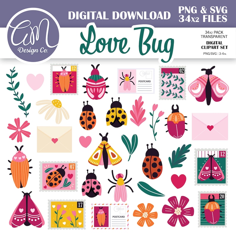 Hand Drawn Love Bug Clipart Bundle, Pastel Valentine's Day Graphics ...
