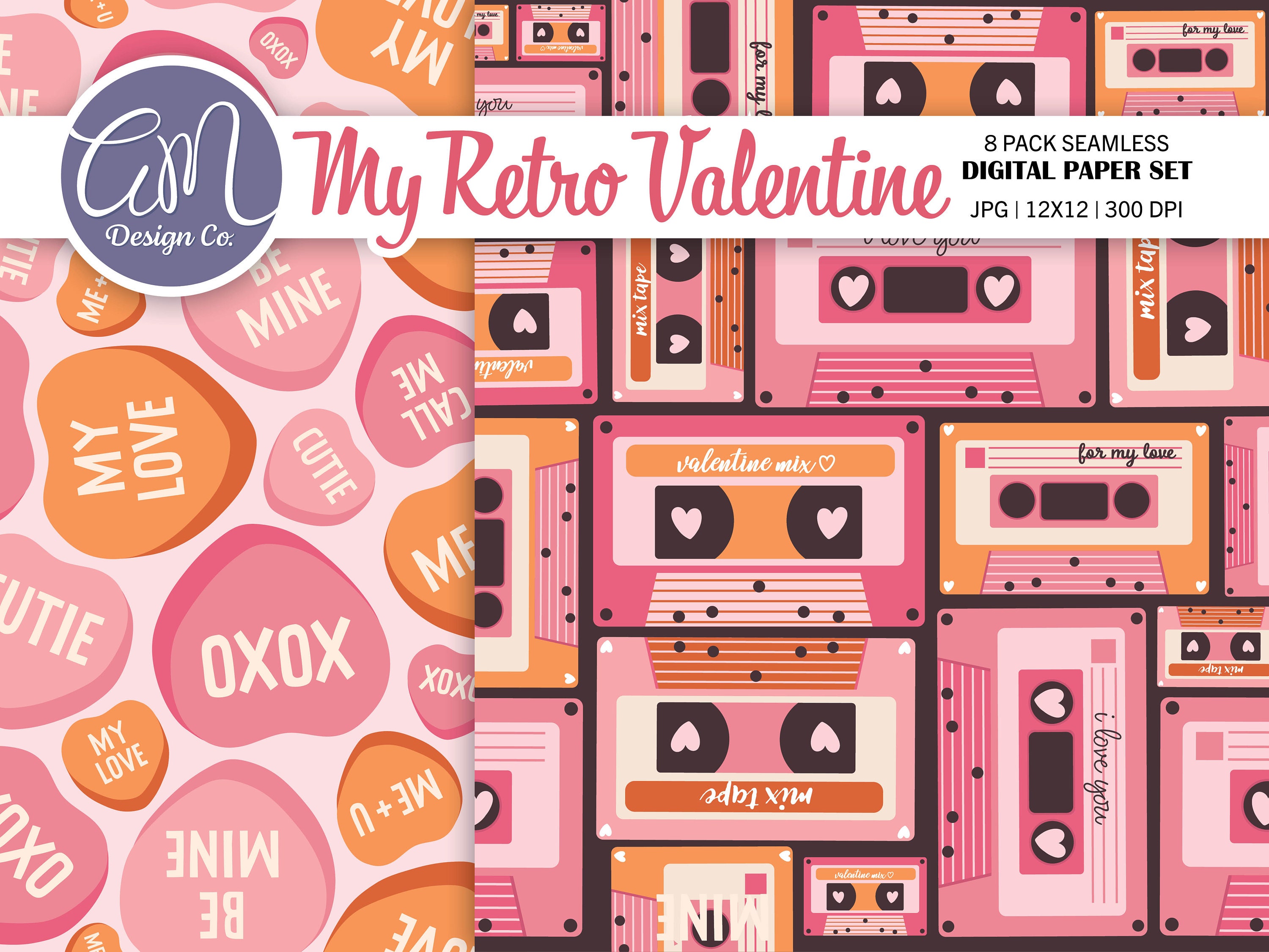 Retro Valentine Digital Paper, Hippie Daisy Seamless Pattern, Cassette ...