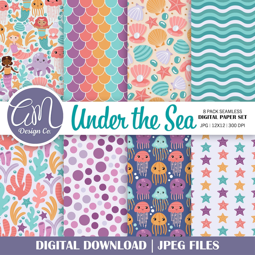 Mermaid Digital Paper, Under the Sea Seamless Pattern, Summer Scrapbook ...