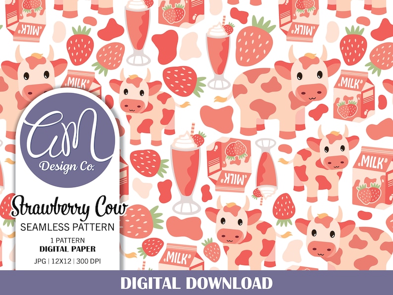 Strawberry Cow Seamless Pattern, Strawberry Digital Paper, Cottage Core ...