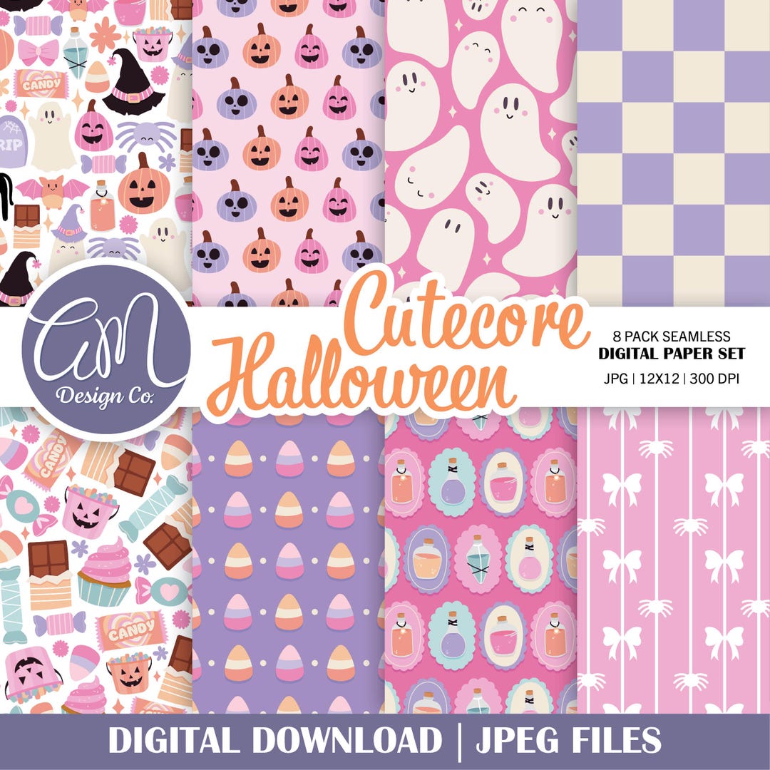Cutecore Halloween Digital Paper, Pastel Spooky Seamless Pattern, Pink ...