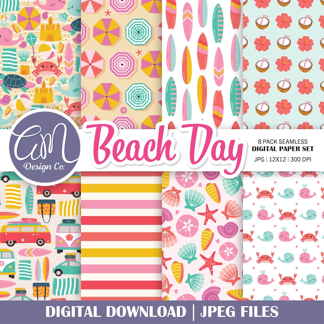 Beach Day Digital Paper, Vacation Seamless Pattern, Travel Scrapbook ...