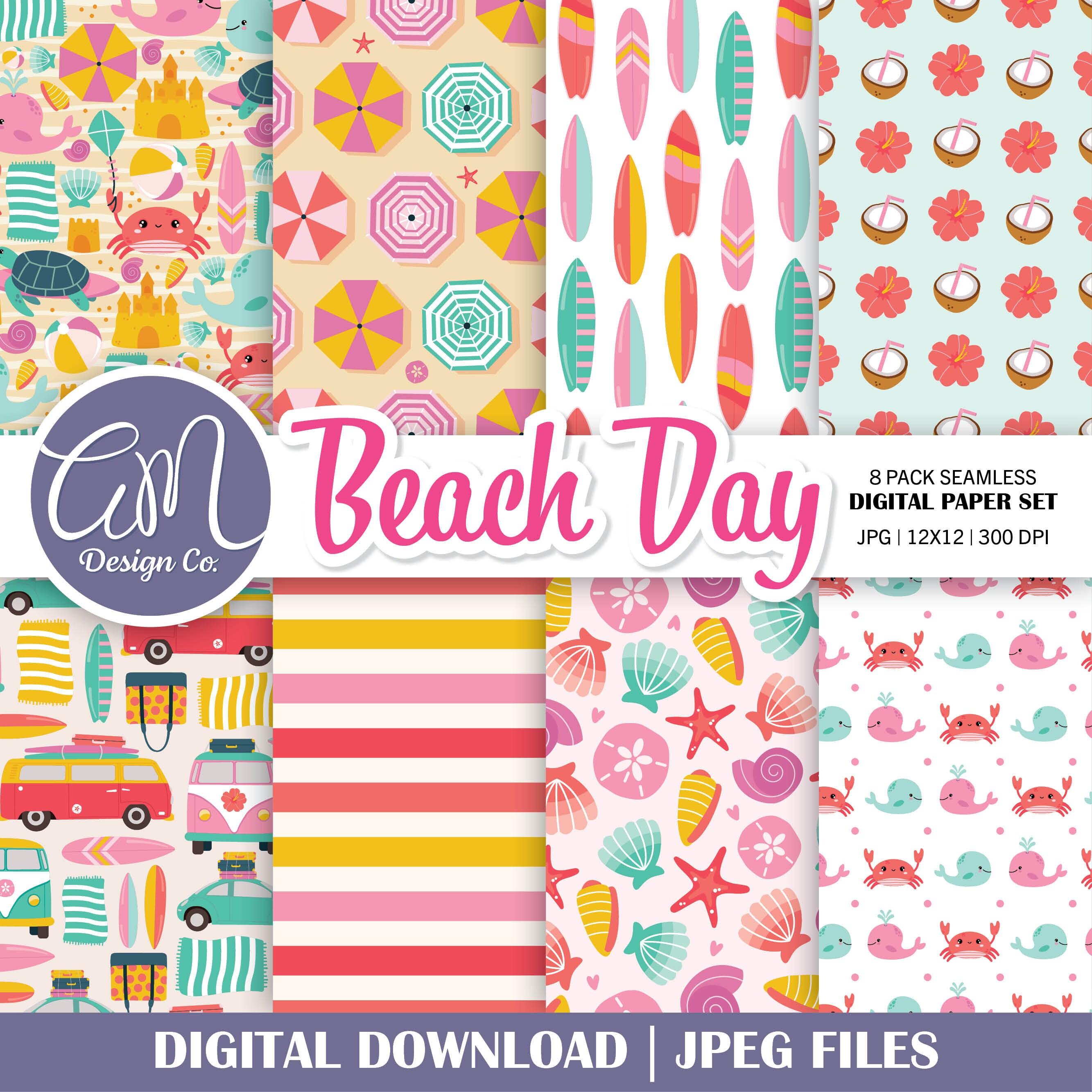 Beach Day Digital Paper, Vacation Seamless Pattern, Travel Scrapbook ...
