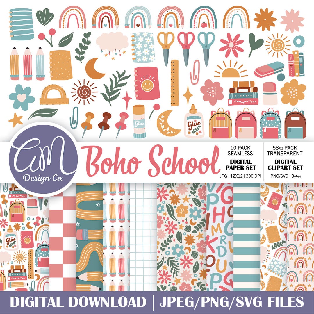Hand Drawn Boho Back to School Clipart & Digital Paper, Bulletin Board ...