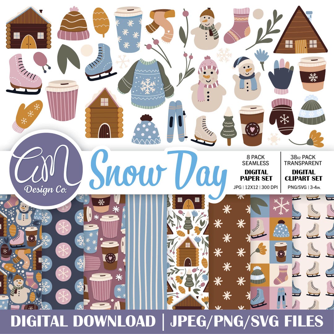 Snow Day Digital Paper and Clipart Set, Winter Holiday Seamless Pattern ...
