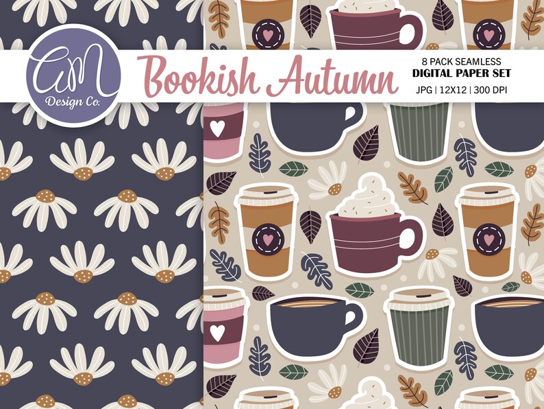 Bookish Autumn Digital Paper and Clipart Bundle, Hand Drawn Light ...