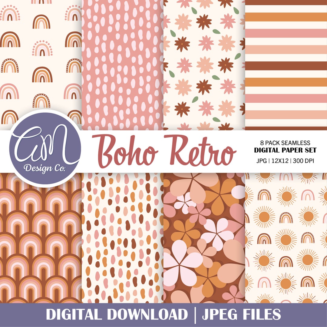 Boho Digital Paper, Groovy Retro Seamless Pattern, Summer Scrapbook ...