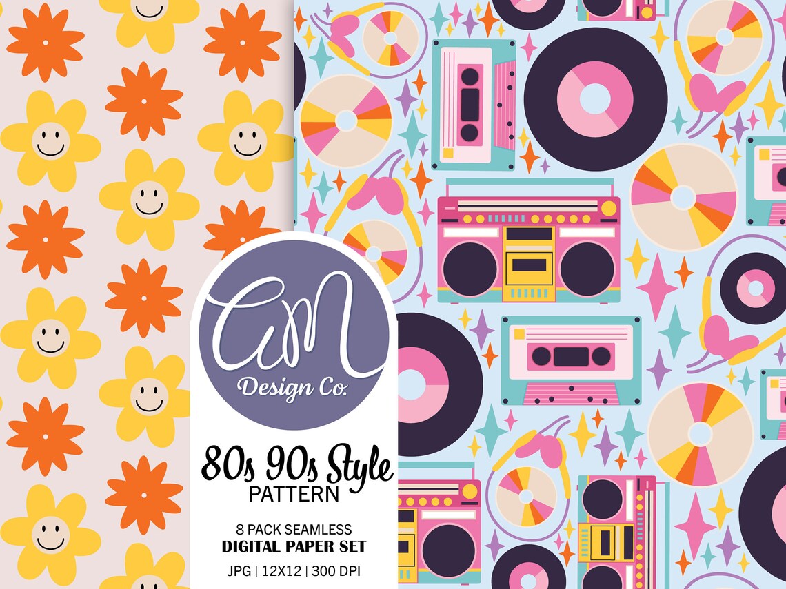80s 90s Digital Paper, Y2K Aesthetic Clipart Set, 90s Party Invitation ...
