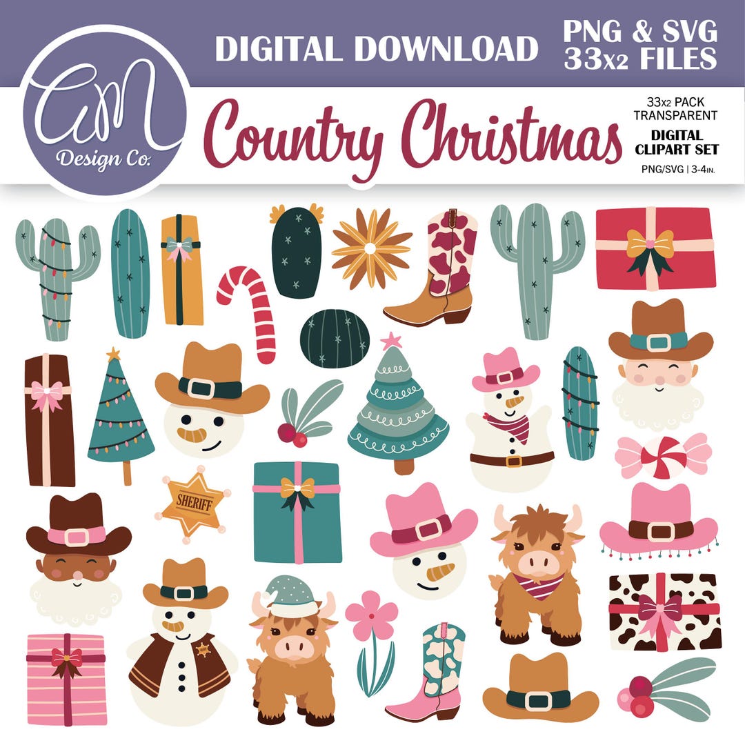 Country Christmas Clipart Bundle, Hand Drawn Western Santa Digital ...