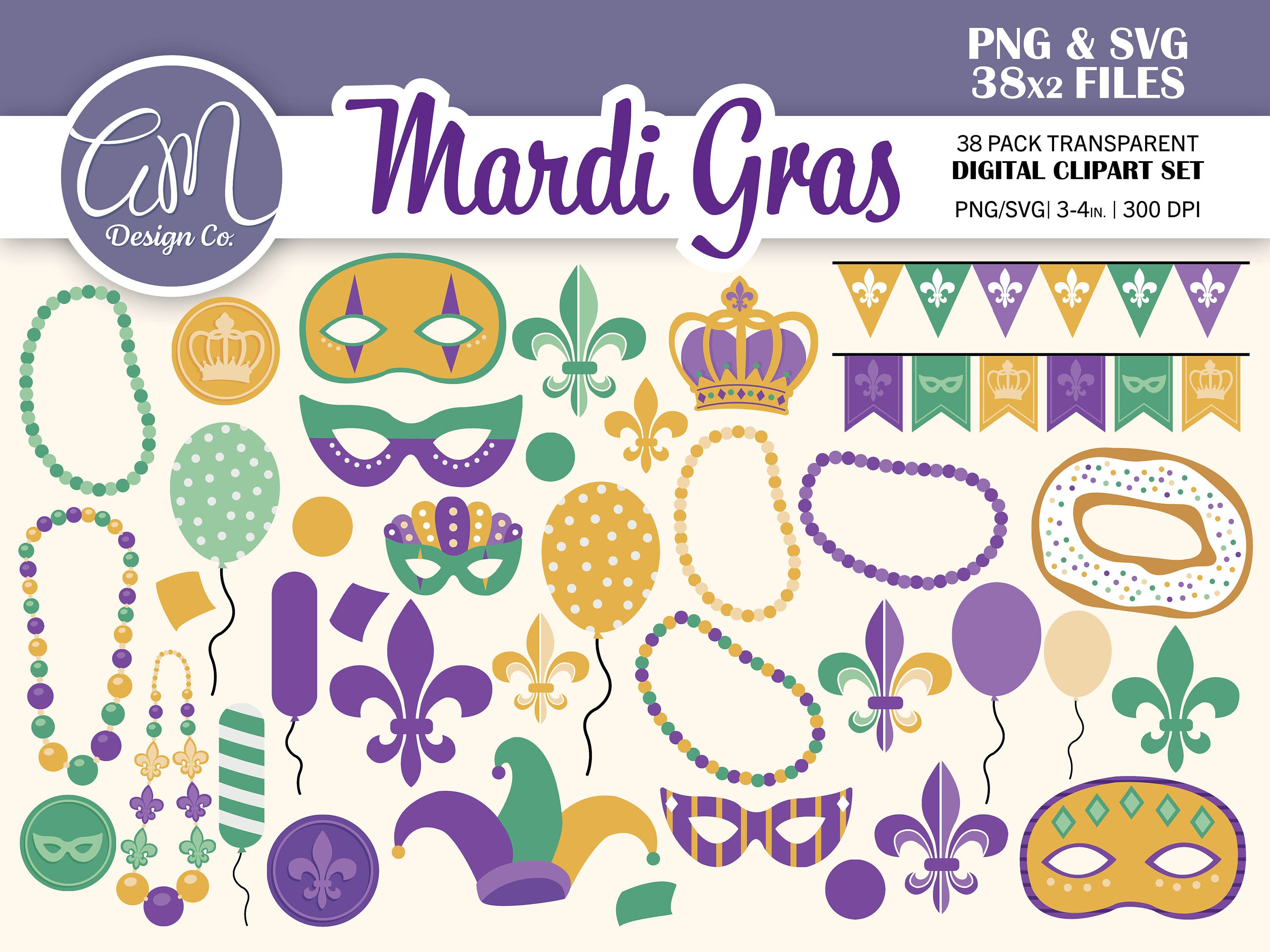 Mardi Gras Digital Paper and Clipart Set, Louisiana Fat Tuesday Clipart ...
