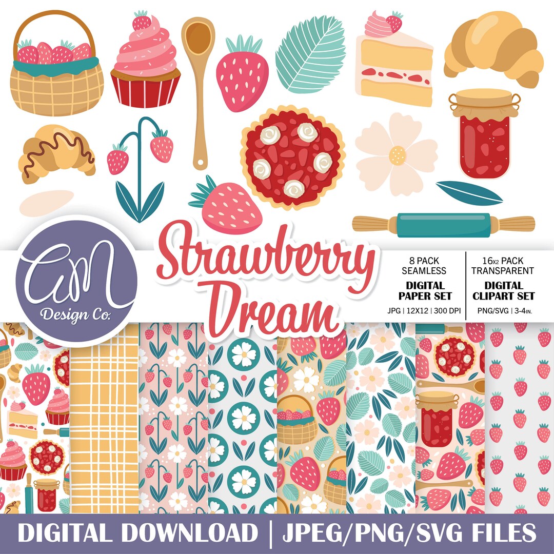 Strawberry Garden Digital Paper and Clipart Set, Cottagecore Fruit ...