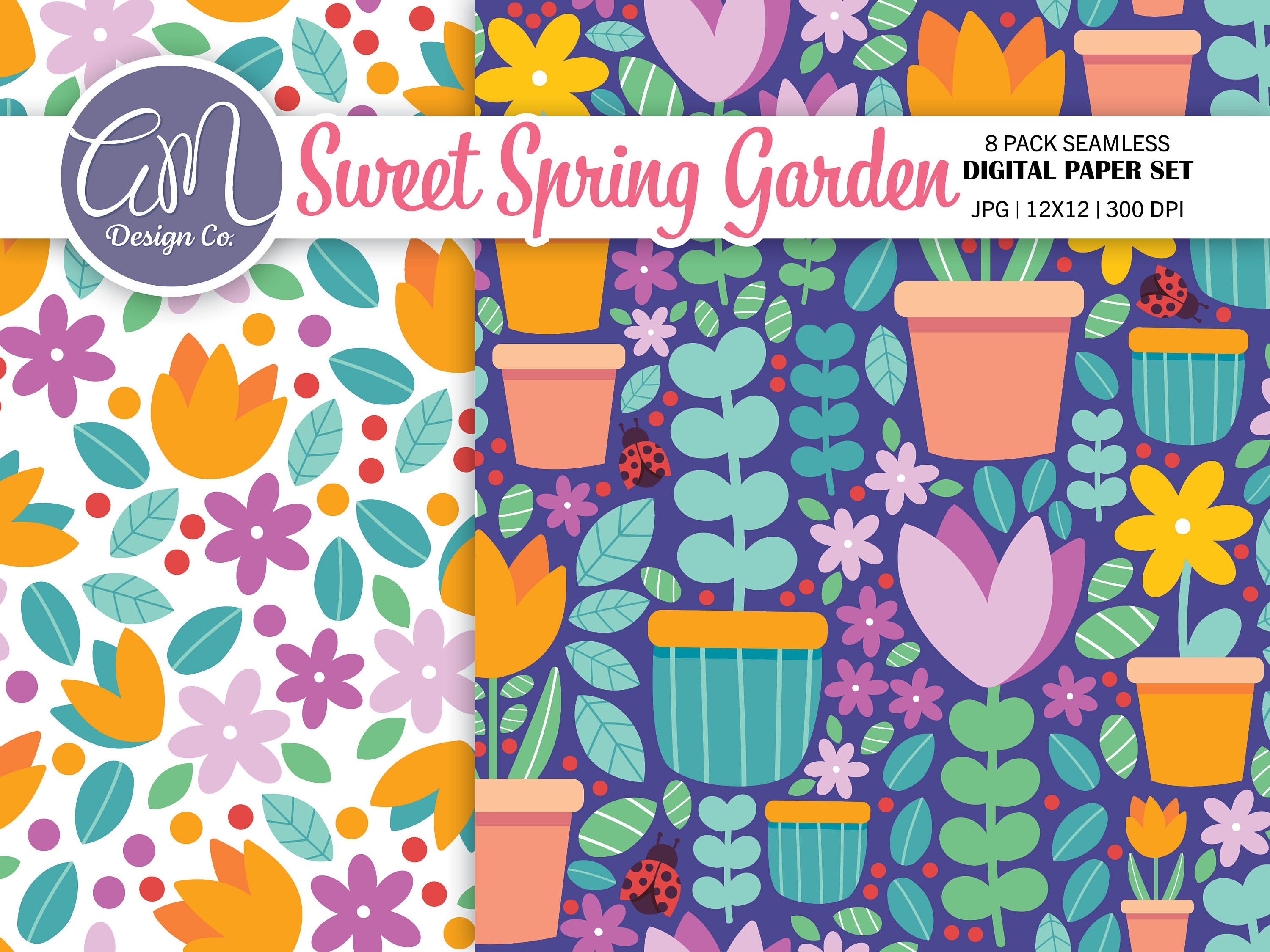 Spring Garden Digital Paper and Clipart Set, Insects Seamless Pattern ...