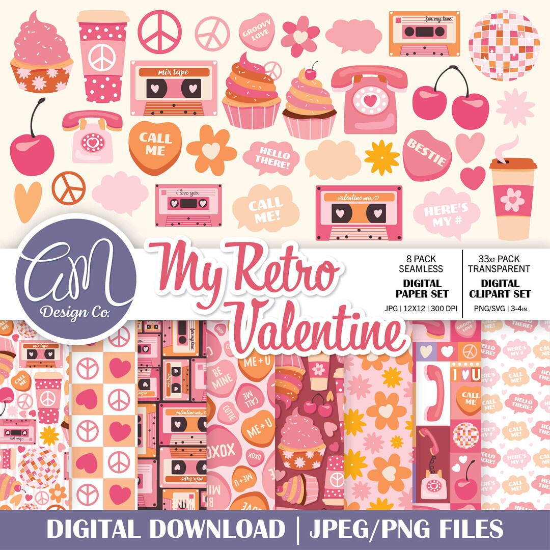 Retro Valentine Digital Paper and Clipart Bundle, Hippie Daisy Seamless ...