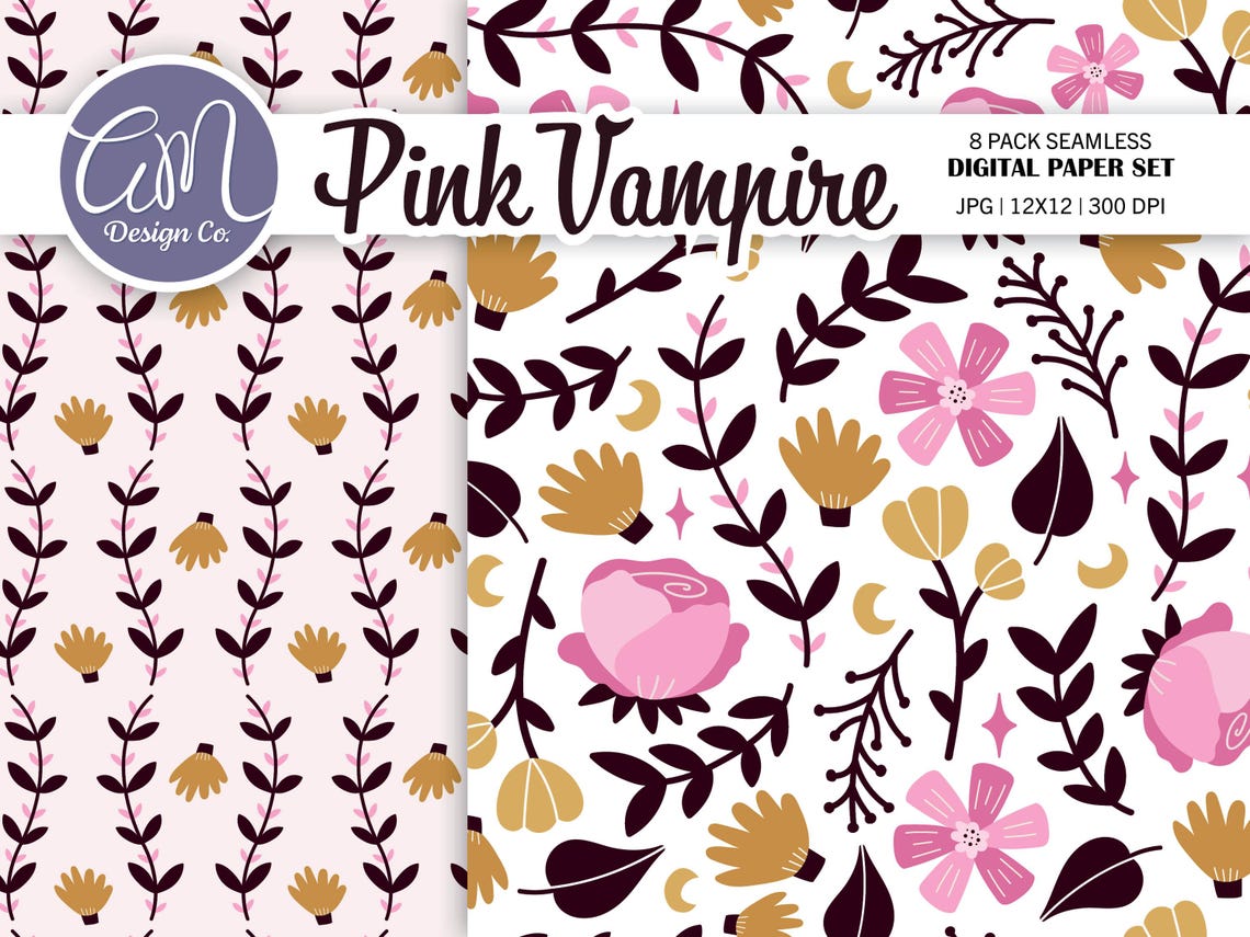 Pink Vampire Digital Paper, Halloween Seamless Pattern, Pastel Goth ...