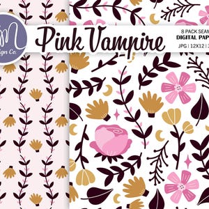 Pink Vampire Digital Paper, Halloween Seamless Pattern, Pastel Goth ...