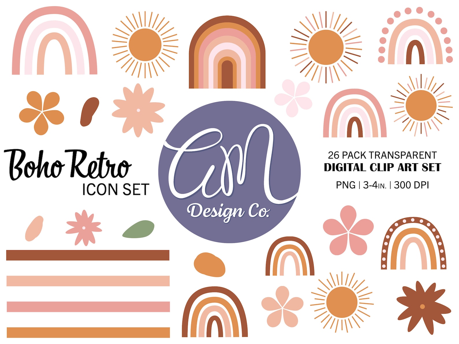 Boho Retro Clipart Set Boho Clipart Digital Stickers - Etsy