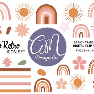 Boho Retro Clipart Set Boho Clipart Digital Stickers - Etsy