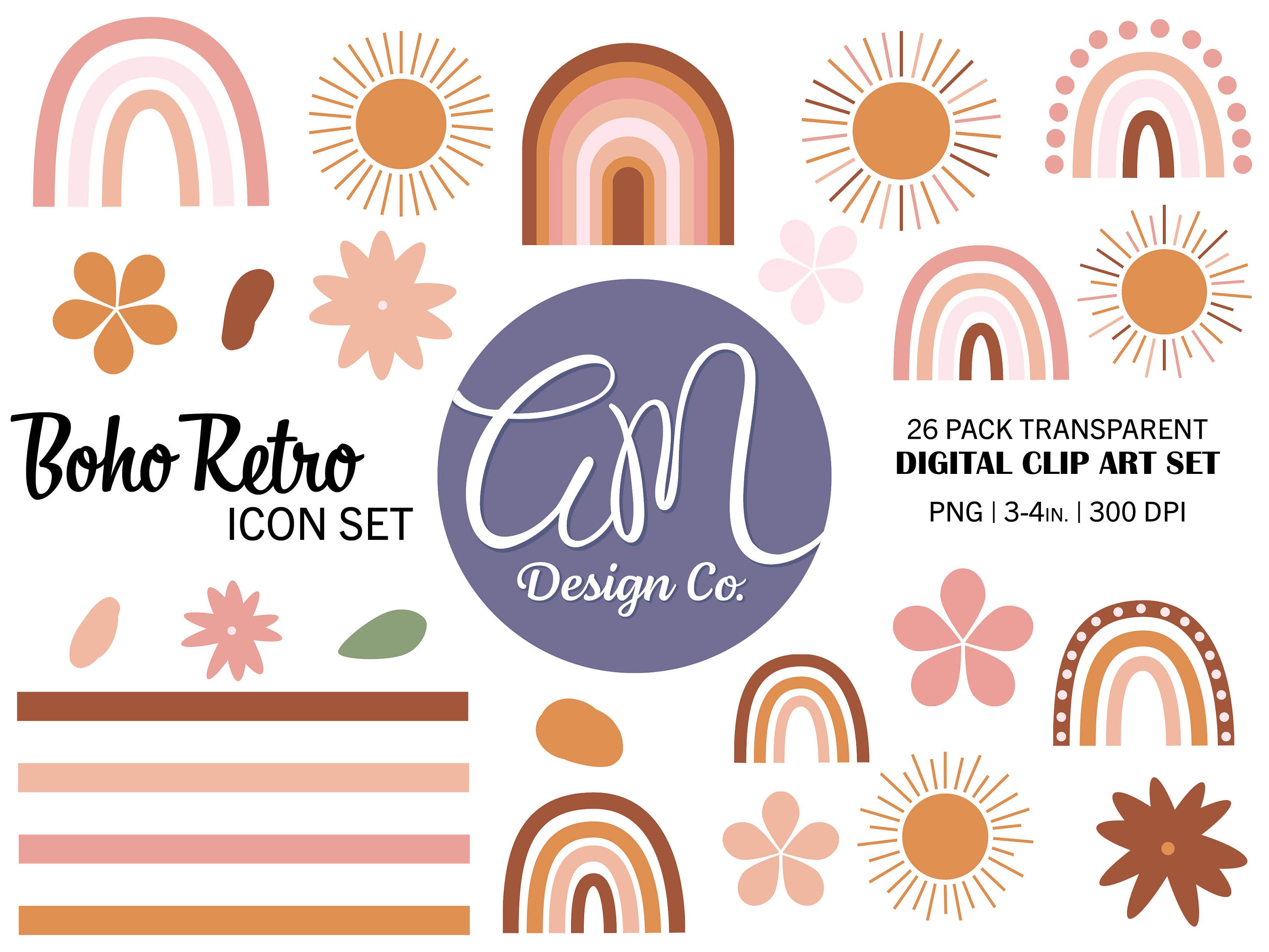 Boho Retro Clipart Set Boho Clipart Digital Stickers - Etsy