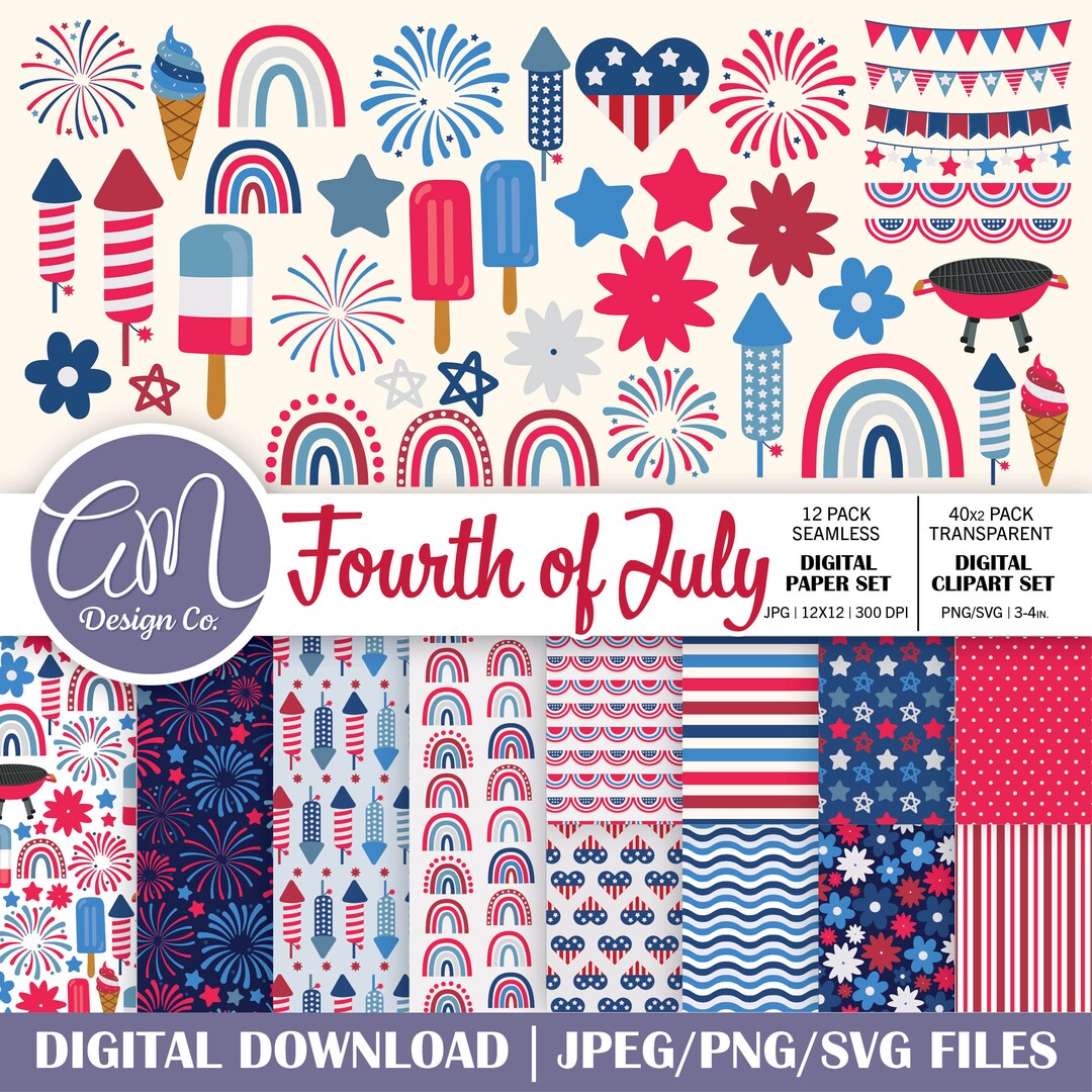 Fourth of July Digital Paper and Clipart Set, Independence Day Seamless ...