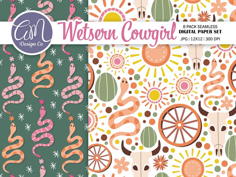 Western Cowgirl Digital Paper, Boho Country Seamless Pattern, Cactus ...
